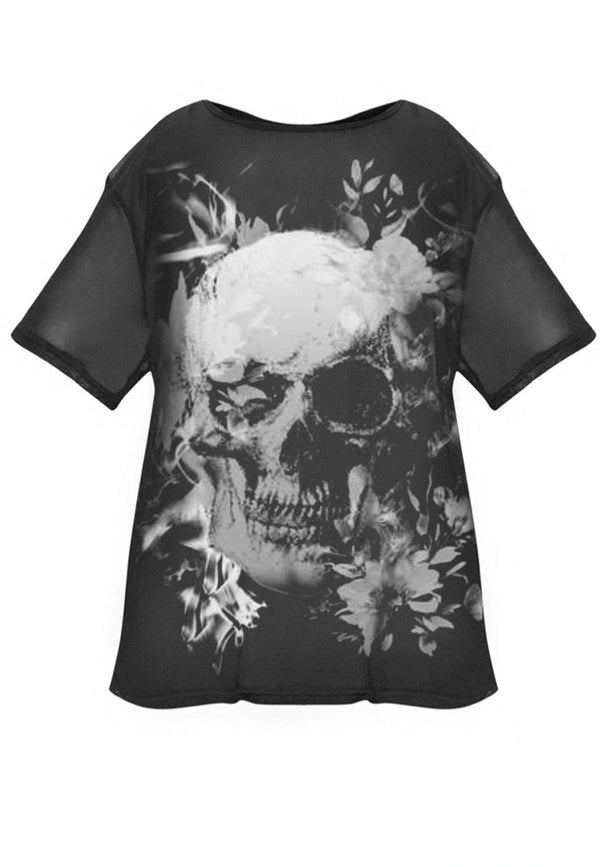 Floral Skull Mesh Stuttermabolur - Curvy & Stout