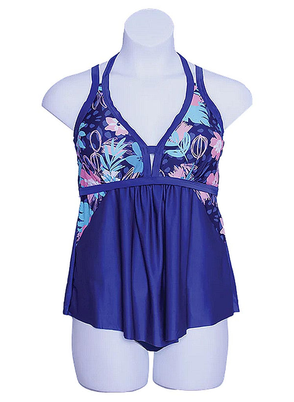 Blue Flower Tankini Toppur - Curvy & Stout